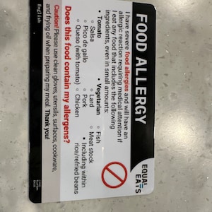 Customized Food Allergy Card Custom Translation Card Select From 500 ...