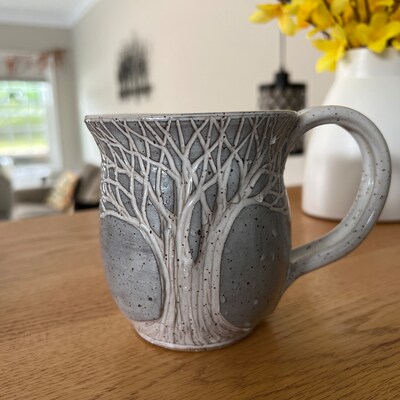 Hand Carved Tree Gray Coffee Mug Similar but Unique - Etsy