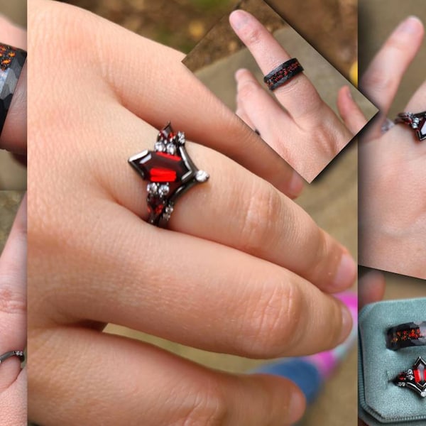 Natural Garnet & Red Fire Opal Couples Ring Set- His and Hers Matching ...