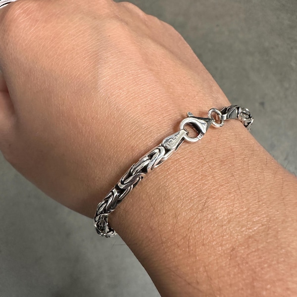 925 Sterling Silver Flat King Chain Bracelet, Real Silver Byzantine ...