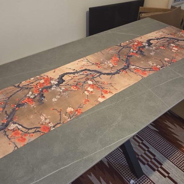 Designer Asian-inspired Table Runner, Golden Theme With Floral Tree ...