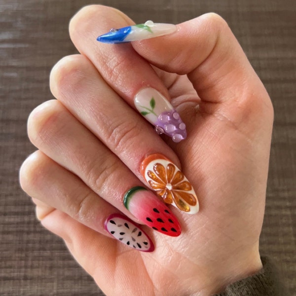 Colorful Fruit Lover Press on Nails, Summer Holiday Fake Nails, Fresh ...