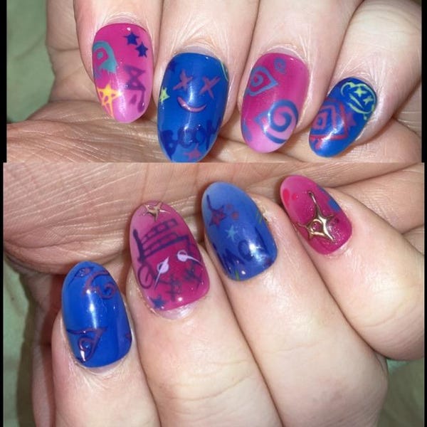 League of Legends Jinx Nail Art, Pink & Blue Graffiti Stiletto Nails, Custom Pop Art Ombre Nails ...