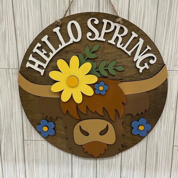 Hello Spring Highland Cow Sign, DIGITAL Download, Round Door Hanger Svg ...