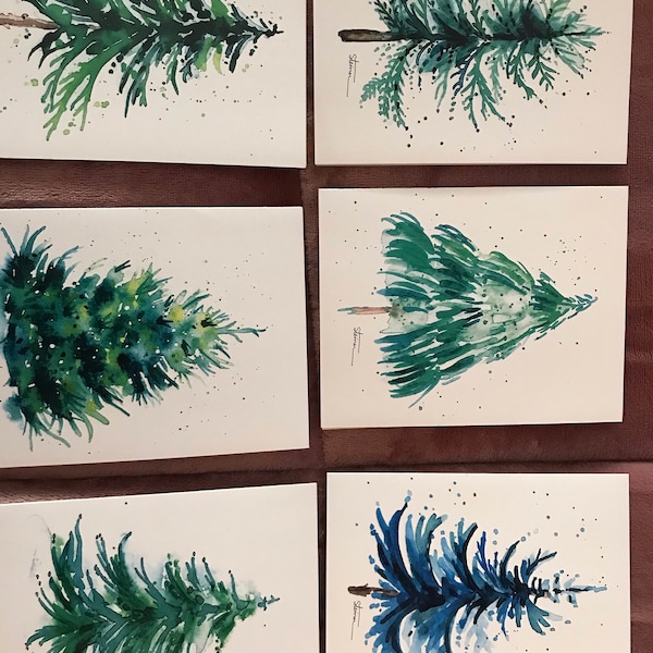 Watercolor "evergreen Trees" Note Card Assortment Pack; 6 Cards, 6 ...