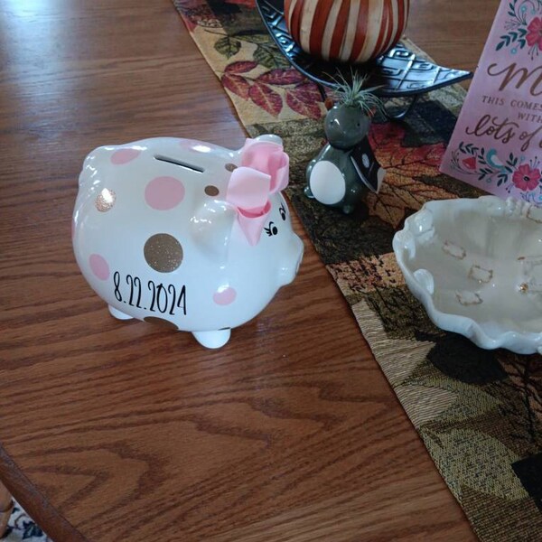 Large Personalized Piggy Bank, Light Pink Polka Dot Bank, Piggy Bank ...