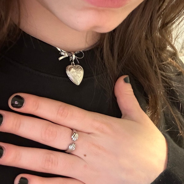 Coquette Bow Heart Locket Necklace Y2k Bow Choker Fairy Grunge Tarnish ...