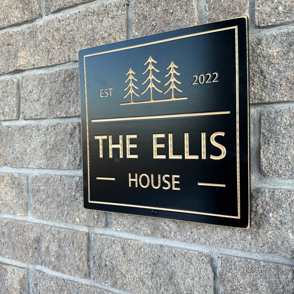 Square Personalized Cottage Sign With Pine Trees, Driveway Name Plaque ...