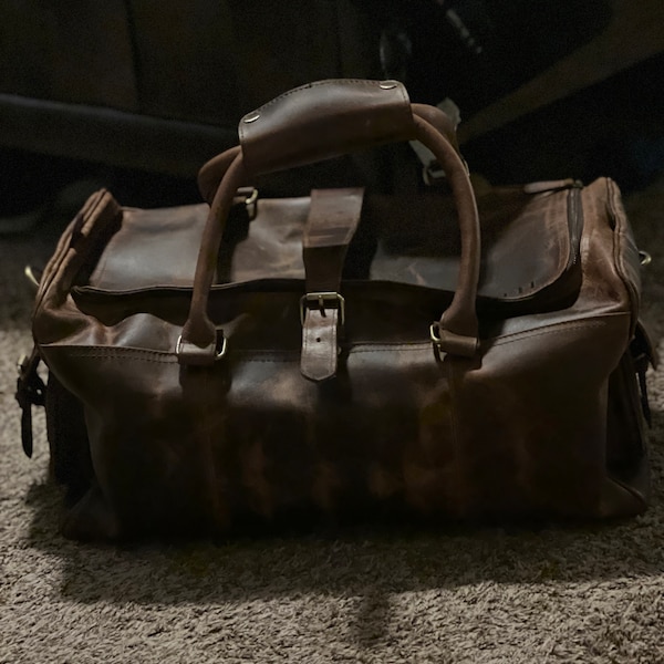 Handmade Full Grain Leather Duffle Bag, Laser Engraved Weekender Carry ...