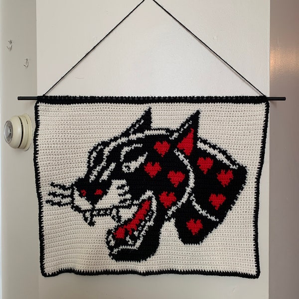 Love Heart Panther Traditional Tattoo Crochet Wall Hanging Tapestry ...