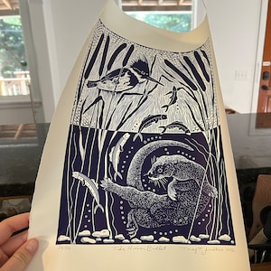 The River Ballet Linocut in Blue,otter Linocut,kingfisher Linocut ...