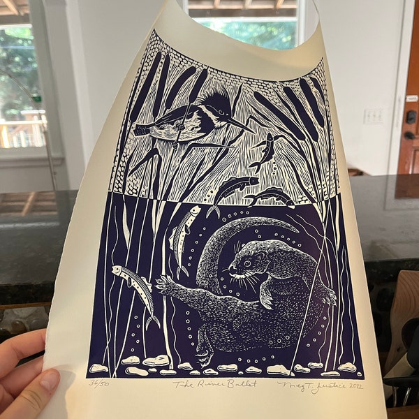 The River Ballet Linocut in Blue,otter Linocut,kingfisher Linocut ...