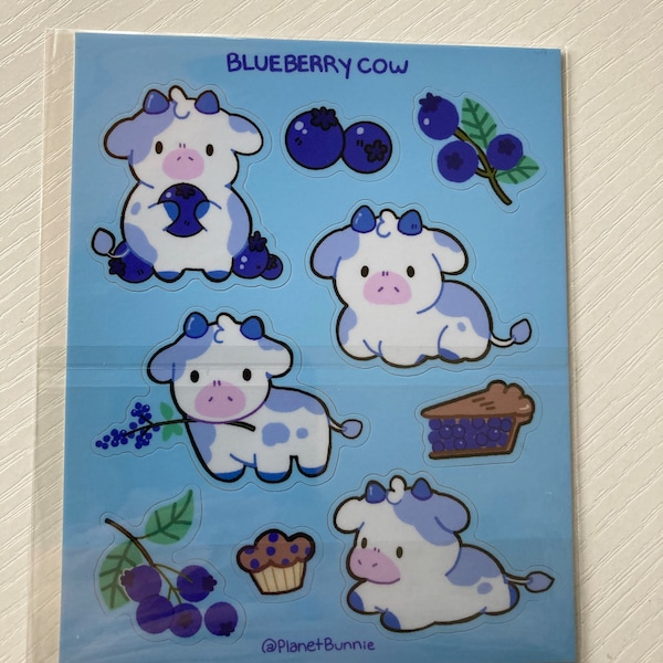 Blueberry Cow Sticker Sheet - Cute Cottagecore Aesthetic Stationery ...