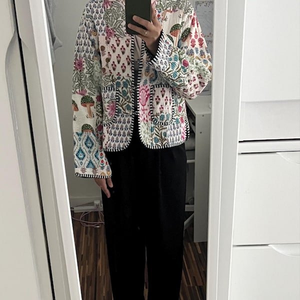 Indian Block Print Quilted Jacket, Handmade Women Wear Pink Flower Reverisble Bohemian Jacket ...
