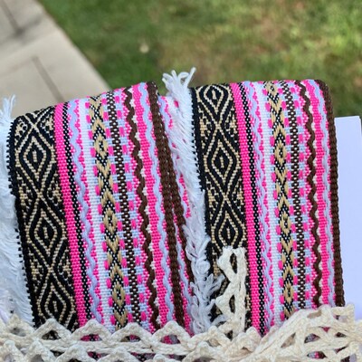 Tribal Woven Ribbon With Micro Loop Fringe 1 7/8 Wide Pink White Black ...