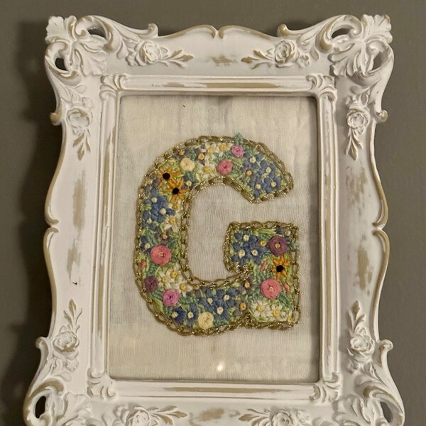 Custom Embroidered Initial, Home Decor, Wall Art, Floral Embroidery - Etsy