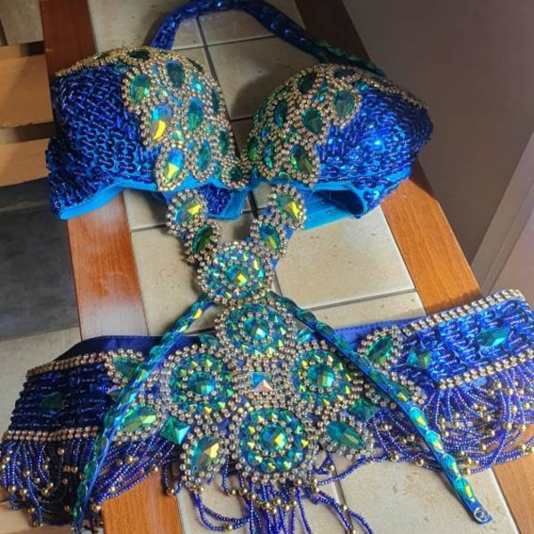 Hand Made Beaded Belly Dance Samba Costume ROYAL BLUE Color Bra+ Belt ...