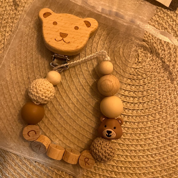 Pacifier Chain Bear With Name Wood Natural Girl Boy Personalized - Etsy