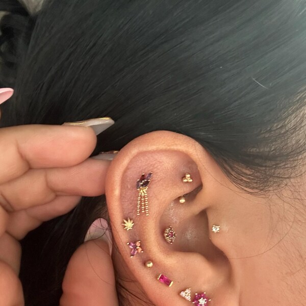 14K Solid Gold Moss Agate Teardrop Rook Earring Oval Shape Rook Earring ...