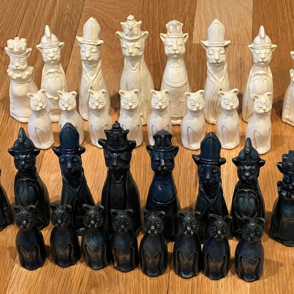 Made to Order – Chess Set, Royal Cats Design in a Stone and Aged Blue ...