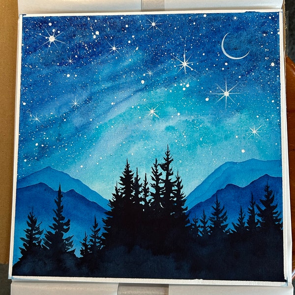 Northern Lights Painting Night Sky Original Art 10" X 10" Moon Painting ...