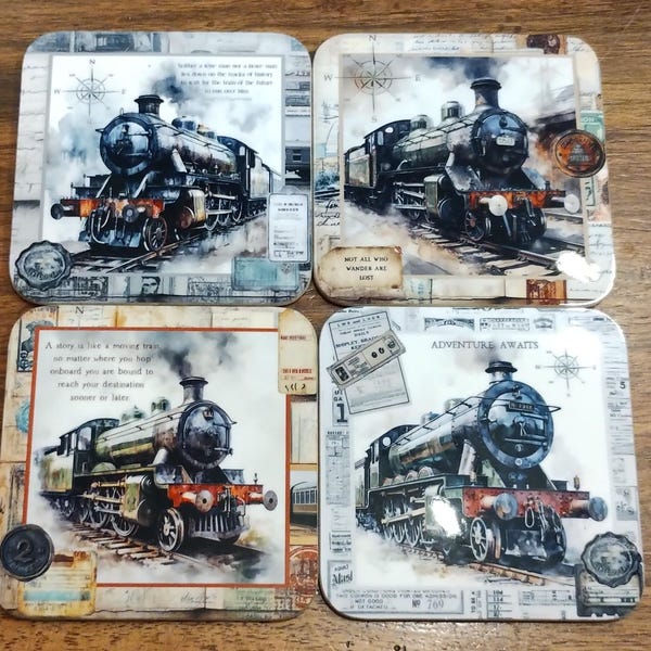 Steam Trains Oaster Set - 4 Vintage Style Glossy Drinks Tea Coffee ...