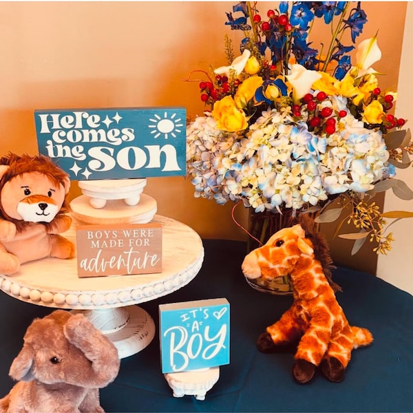 Baby Boy Tiered Tray Decor, Here Come the Son Baby Shower Decorations ...