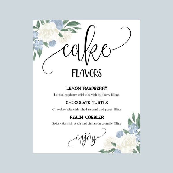 Cake Flavors Sign , Printable Wedding Cake Sign, Wedding Cake Menu Sign ...