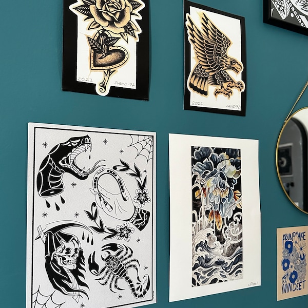 Traditional Tattoo Blackwork Flash Sheet - Art Print - A4 - Etsy UK