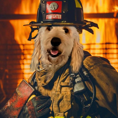 Firefighter Pet Portrait, Firefighter Gift Ideas, Fire Fighter Dog ...