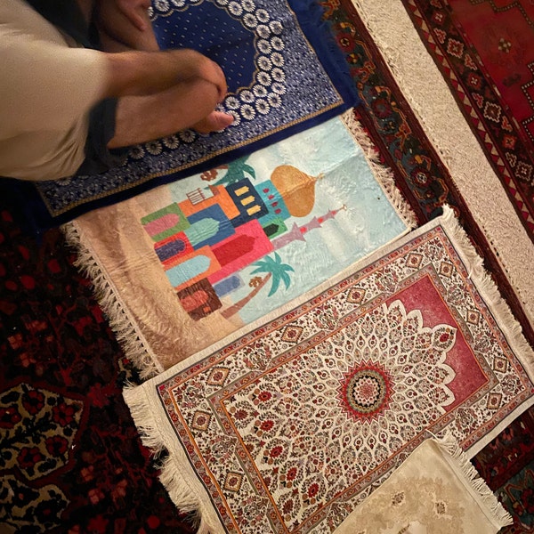 Children’s Padded Velvet Prayer Mat | Multicolour Colour Block Mosque ...