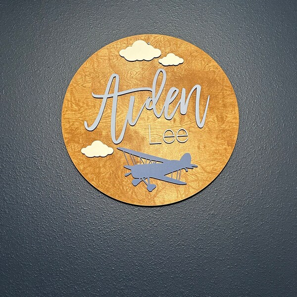 Airplane Nursery Name Sign, Round Name Sign, Airplane Nursery, Boy Name ...