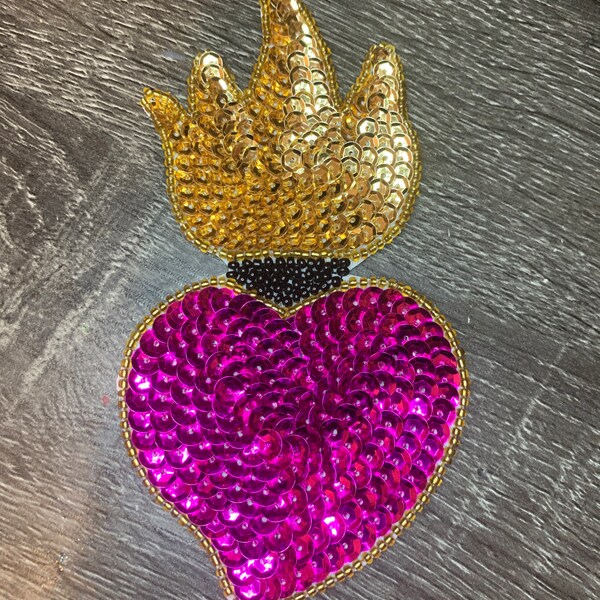 Mini Fucsia Sacred Heart Sequin Patch, Sagrado Corazon, Pink Heart Patch, Mexican Corazon ...