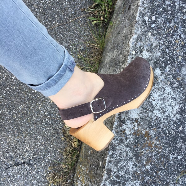 Nut Clogs With Strap and Buckle, Wooden Swedish Clogs, Slingback Shoes ...