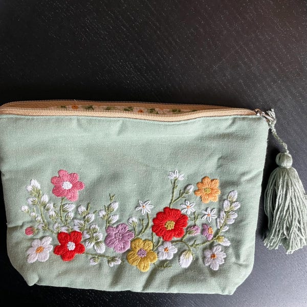 Personalized Hand Embroidered Cosmetic Bag, Flower Pouch, Linen Bag ...