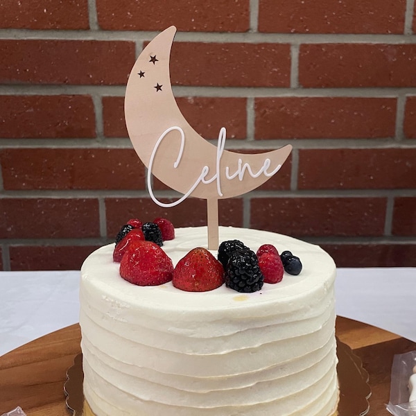 Personalized Crescent Moon Cake Topper: Wood & Acrylic, Space Theme - Etsy