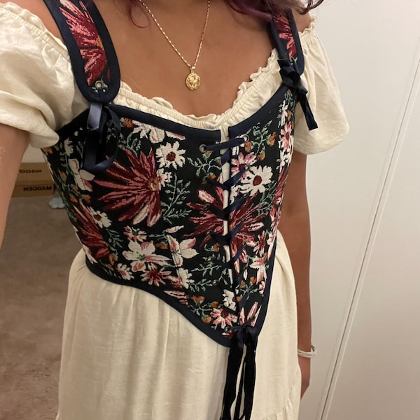 Dark Blue Floral Tapestry Corset | Renaissance Corset Bodice Stays ...