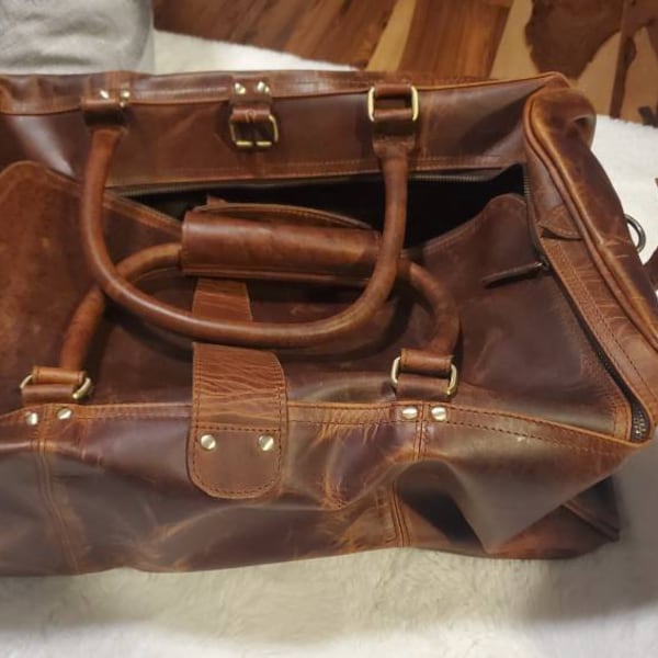 Handmade Full Grain Leather Duffle Bag, Laser Engraved Weekender Carry ...