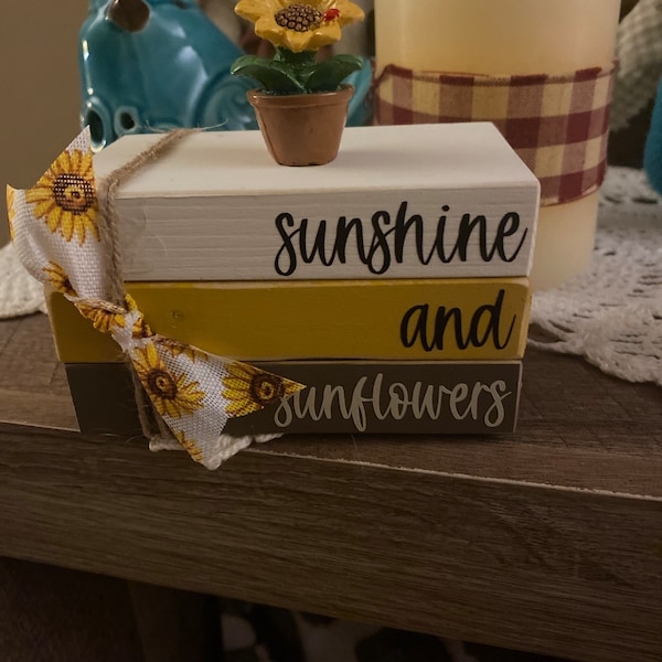 Sunflower Mini Wood Book Stack/ Home Decor/ Wood Books/ Tier Tray Decor ...