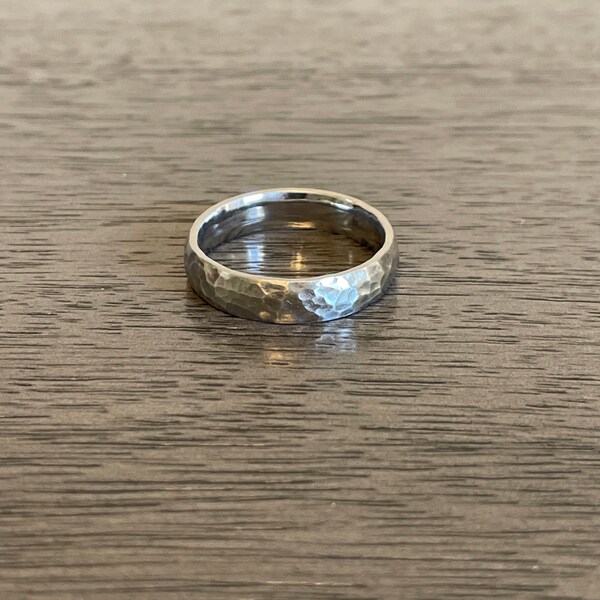 Peen Hammered Steel Ring - Silver 5mm Surgical Stainless Wedding Band ...
