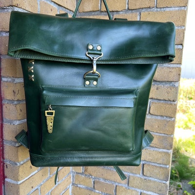 Green Leather Backpack Leather Roll Top Back Pack Purse Rucksack ...