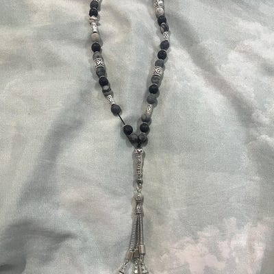 925 Silver Inlaid Yusuri, Yusr, Black Coral 33 Prayer Beads Misbaha ...