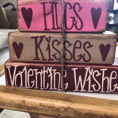 Hand Painted Distressed Hugs Kisses Valentine Wishes Tiered Tray Shelf ...