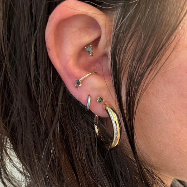 14K Solid Gold Moss Agate Teardrop Rook Earring Oval Shape Rook Earring Eyebrow Piercing Dainty ...