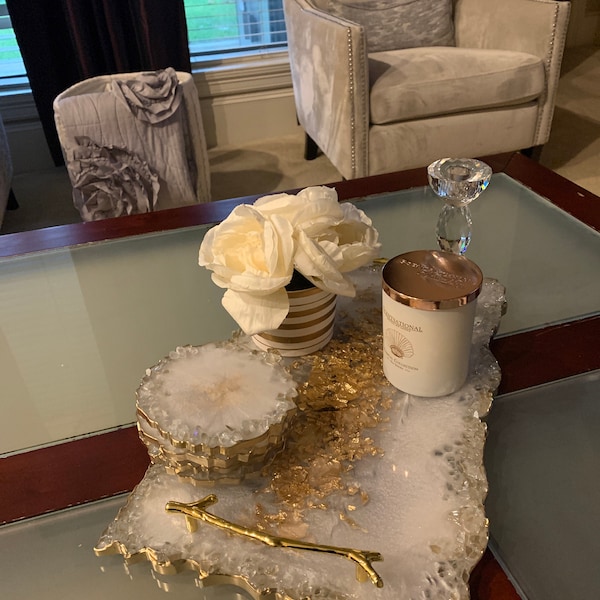 Large Tray & Coaster Set With Reflective Glass Rim, 18x11” Epoxy Resin ...