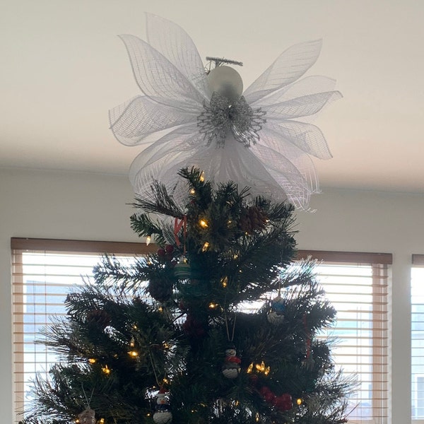Deco Mesh Angel Tree Topper Ornament Silver Wreath Elegant Wreath ...