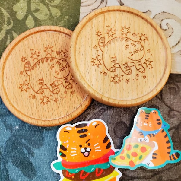 Cute Tiger and Stars Wooden Coaster, Round Wood Coaster, Cute Animal ...