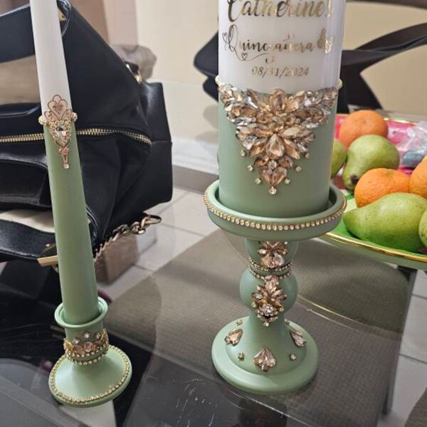 Sage Green Quince 15 Candle Set, Sahe Green Gold Quinceanera Candles ...