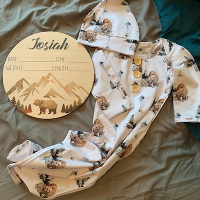 Bear Birth Stat Sign, Round Wood Birth Stat Sign, Mountain Nursery ...