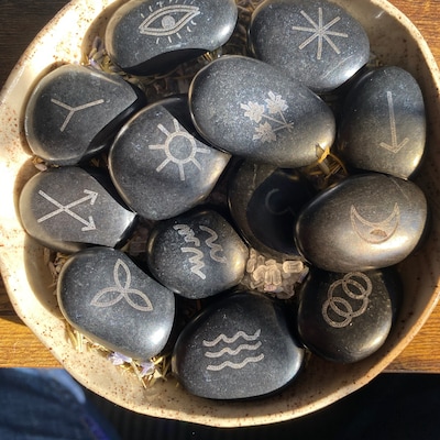 Elder Futhark Runes Etched Black River Rock - Etsy